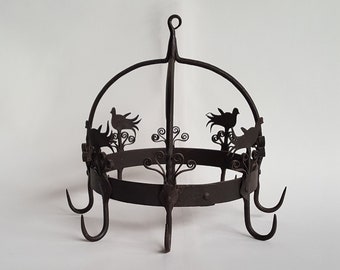 Antique Pan Rack French Hanging Black Wrought Iron Kitchen Hanger Round ...