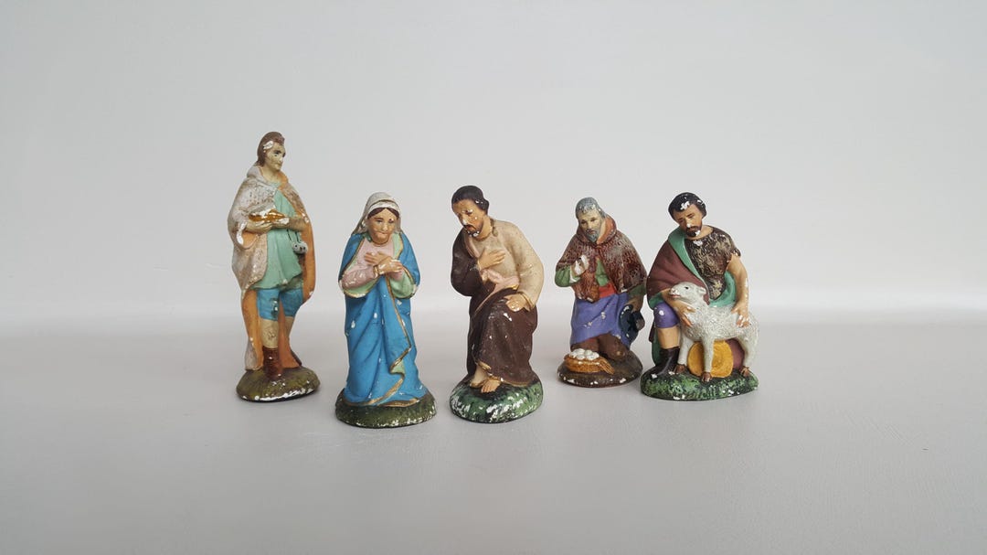French Antique Nativity Figurines: Hand-painted Plaster Creche, Set of ...