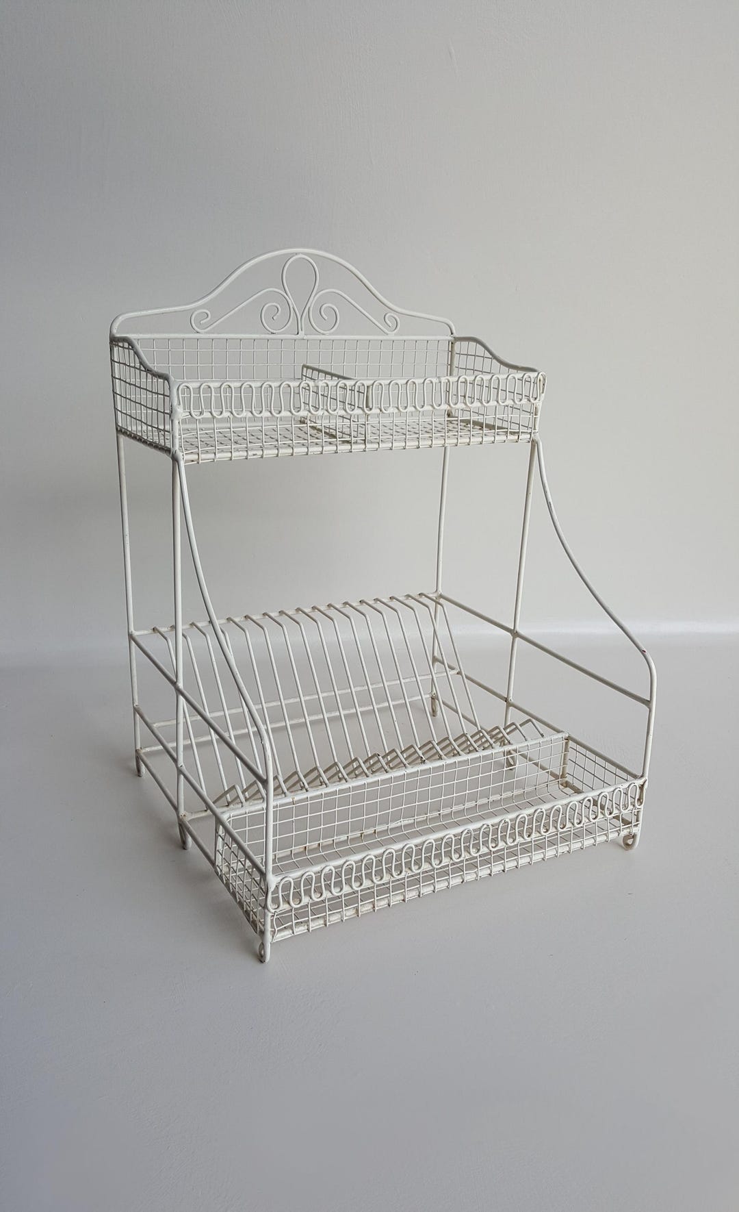 French Vintage White Freestanding Dish Rack, French Vintage Metal Wire ...