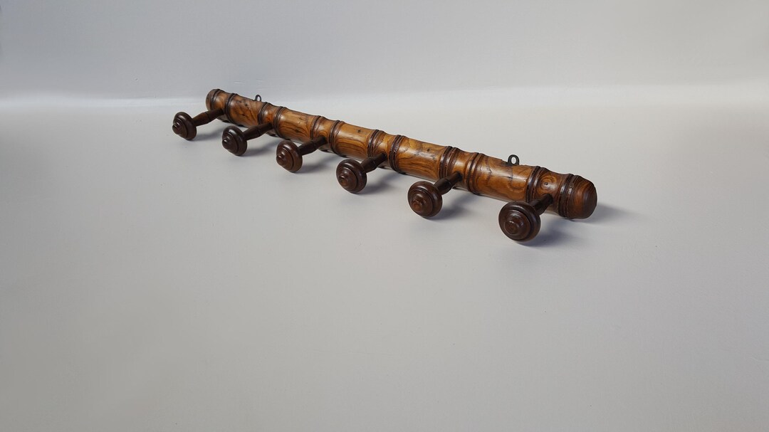 French Vintage Faux Bamboo Clothes Rack, 6 Peg Wooden Coat Rack, Bobbin ...