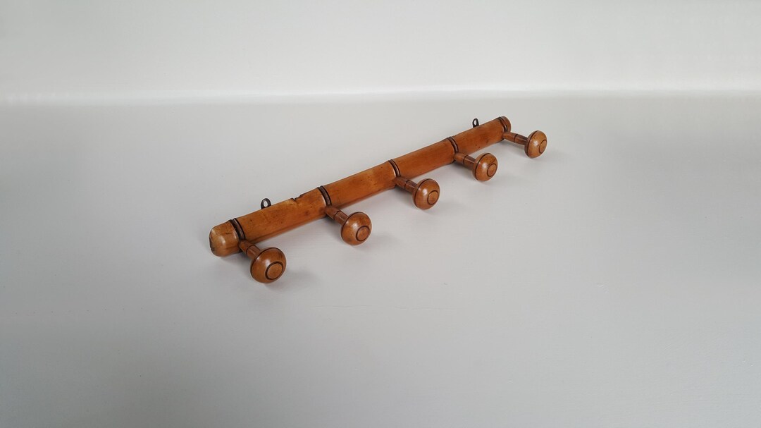 French Vintage Faux Bamboo Clothes Rack, 5 Peg Wooden Coat Rack, Bobbin ...