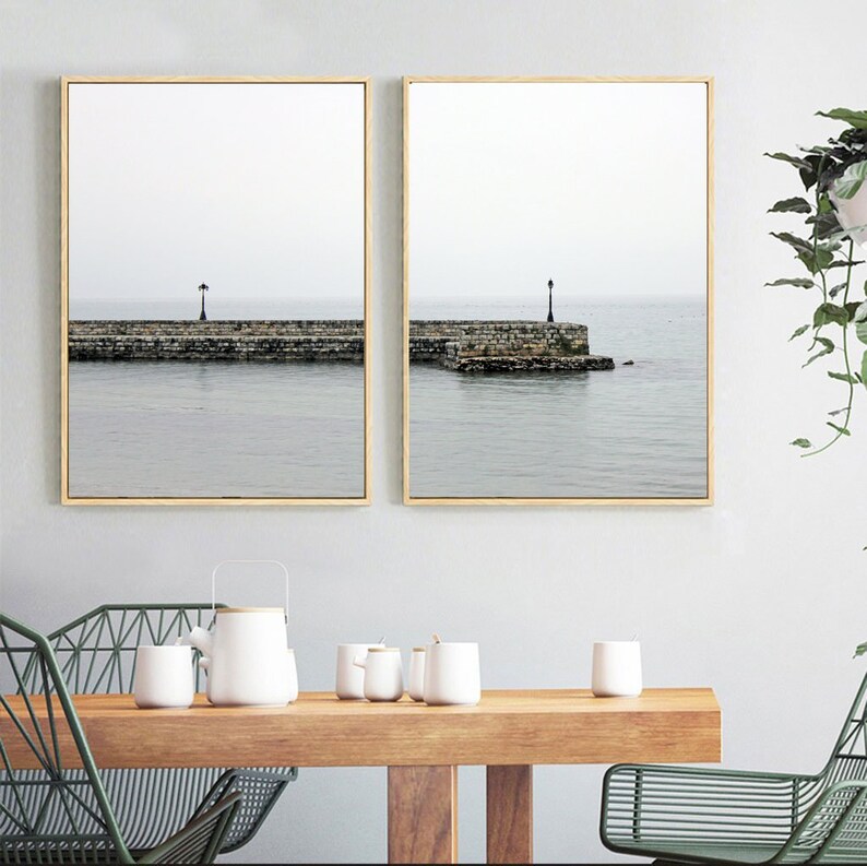 Minimalist Boat Harbor Print, Set of 2 Lake Print, Old Stone Pier Moody ...