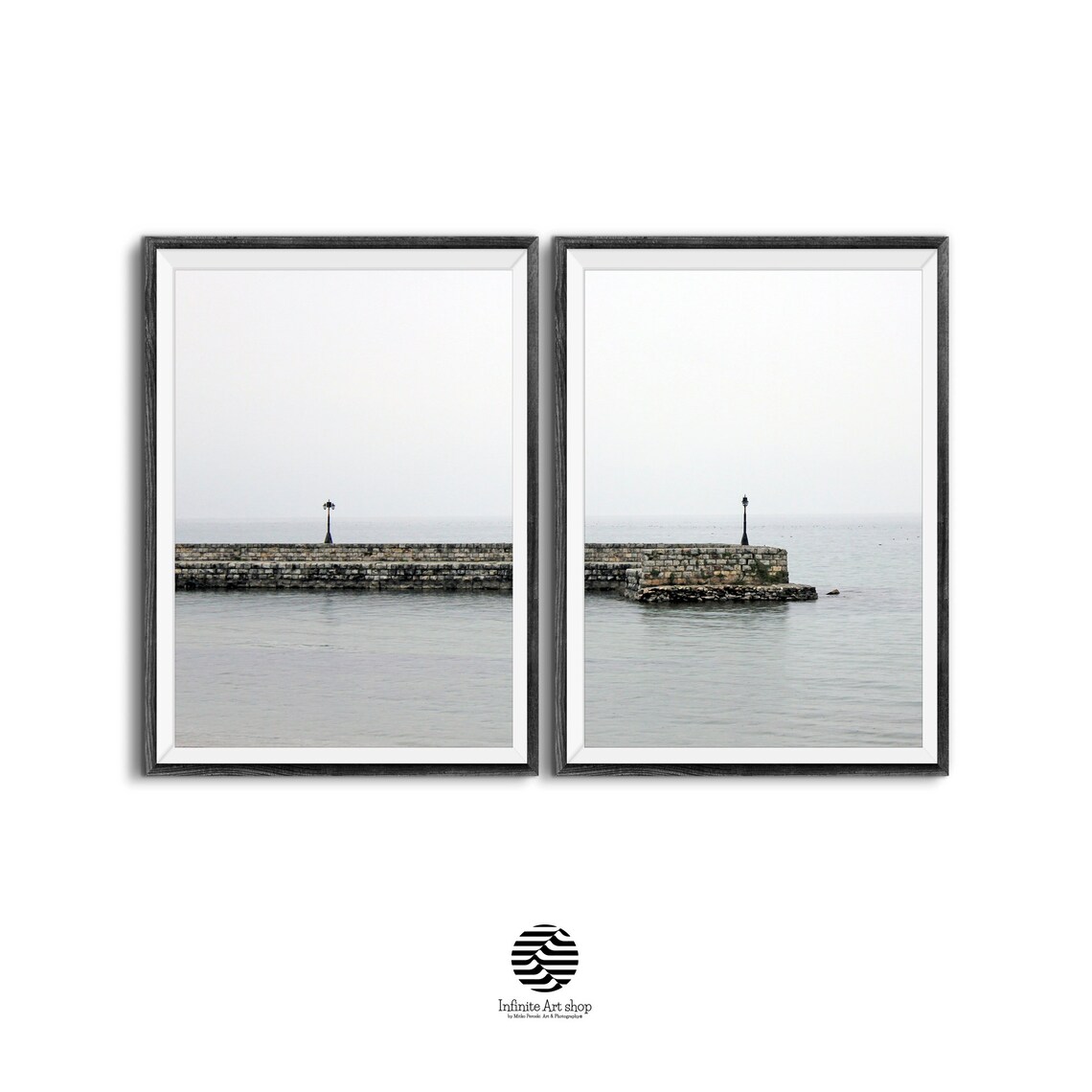 Minimalist Boat Harbor Print, Set of 2 Lake Print, Old Stone Pier Moody ...