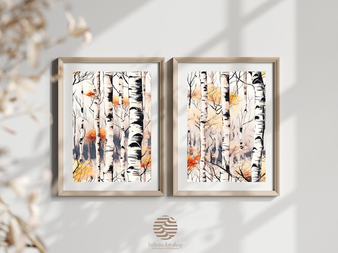 Birch Tree Watercolor Art Set, Aspen Forest Printable Wall Art, Autumn ...