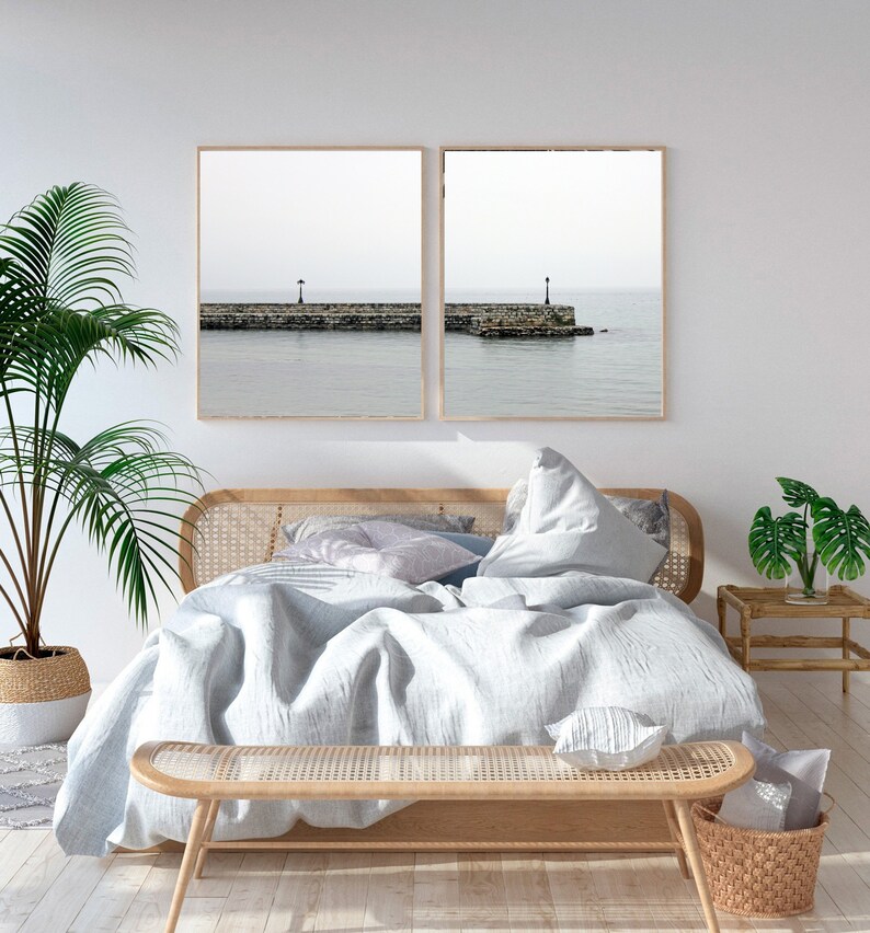 Minimalist Boat Harbor Print, Set of 2 Lake Print, Old Stone Pier Moody ...