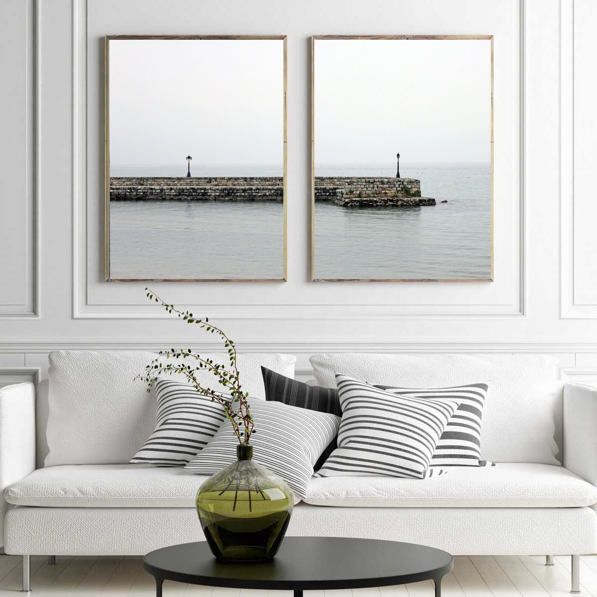 Minimalist Boat Harbor Print, Set of 2 Lake Print, Old Stone Pier Moody ...