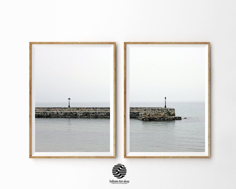 Minimalist Boat Harbor Print, Set of 2 Lake Print, Old Stone Pier Moody ...