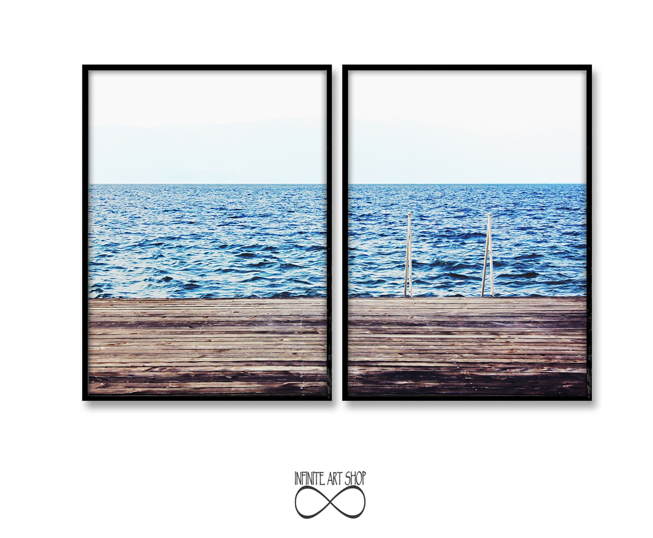 Set of 2 Minimalist Blue Printlake Dockblue Water Printpier - Etsy