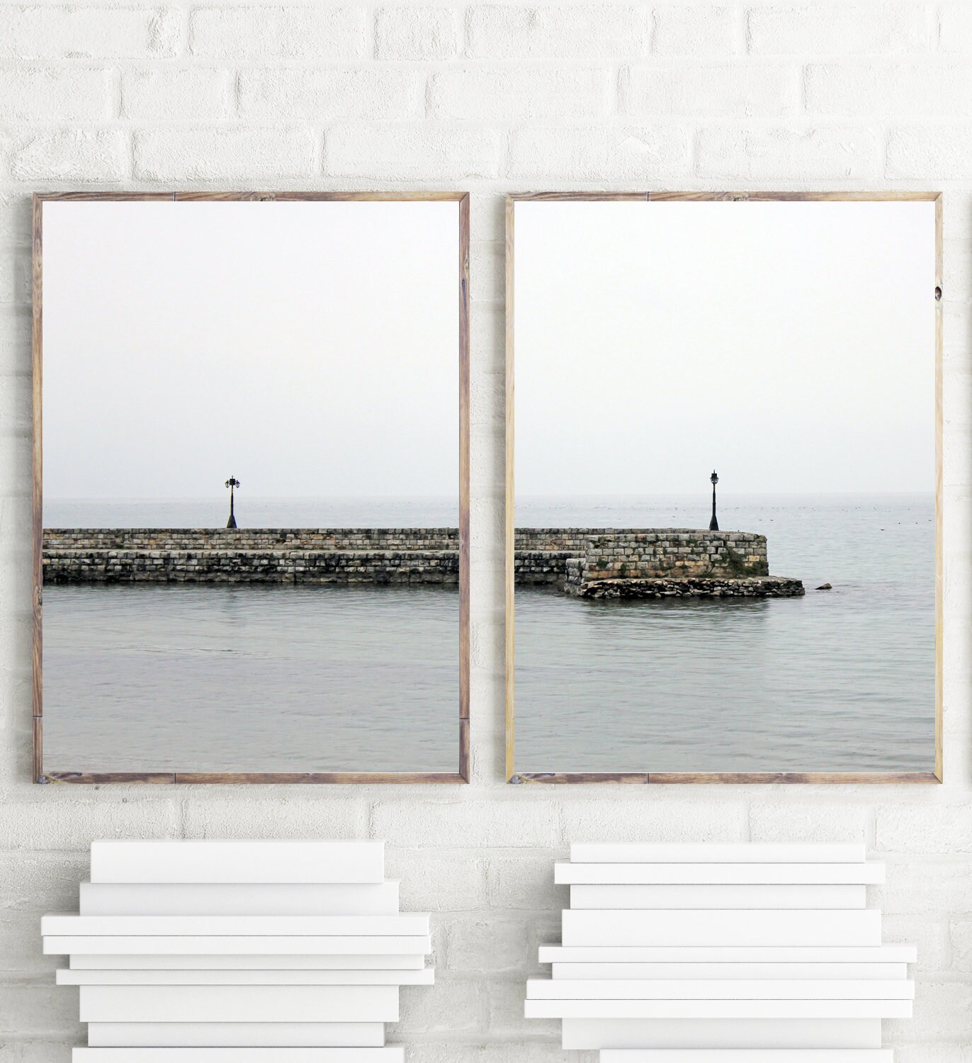 Minimalist Boat Harbor Print, Set of 2 Lake Print, Old Stone Pier Moody ...