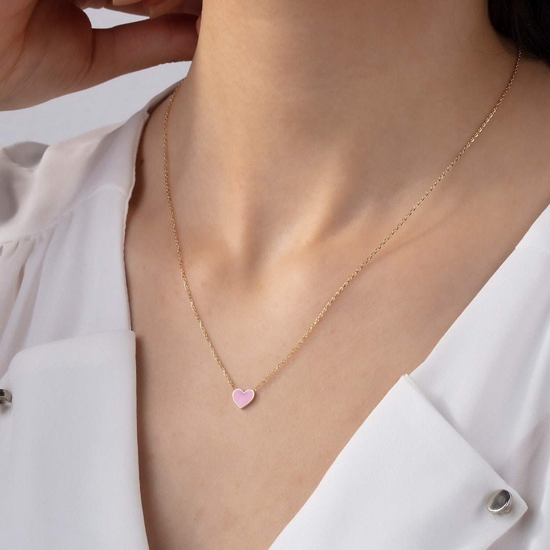14K Gold Colorful Heart Necklace, Enamel Pendant, Love Necklace ...