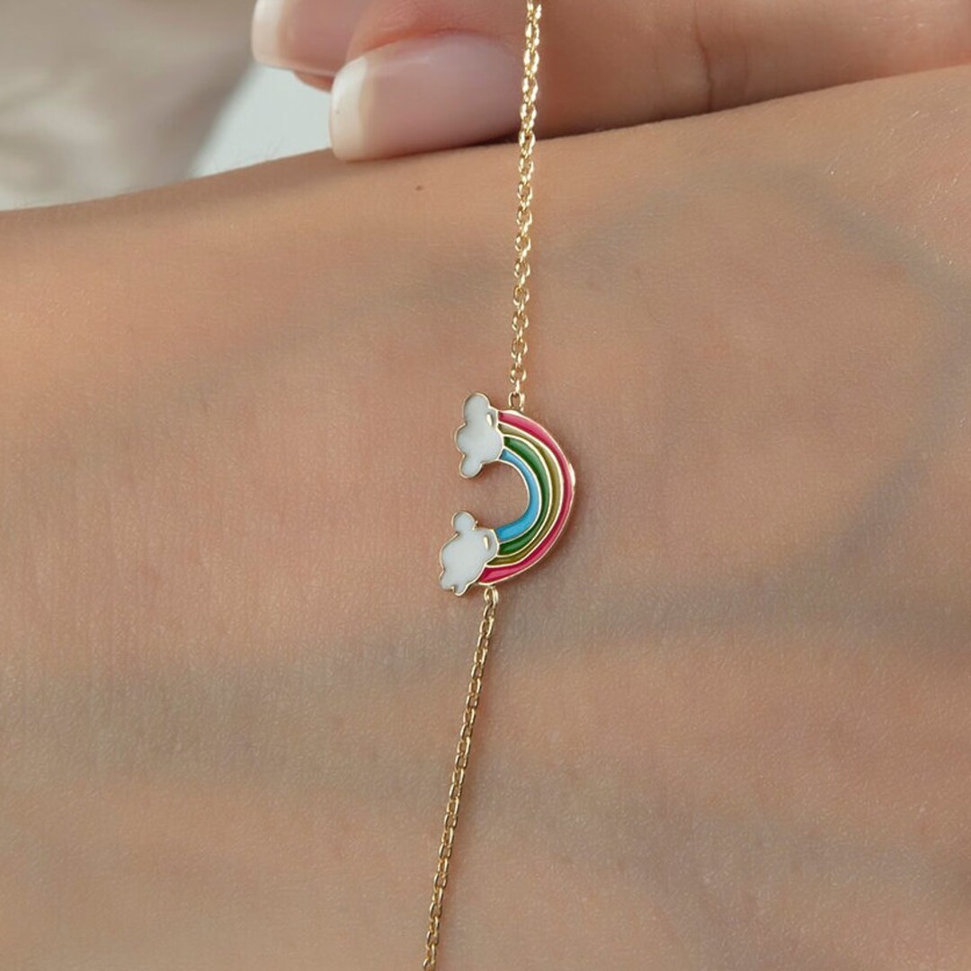 Rainbow Bracelet, 14K Gold Mini Rainbow Charm Bracelet, Personalized ...