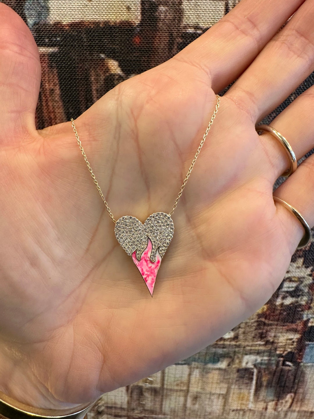 Heart Necklace - Pave Elongated Heart Pendant - Pave Enamel Heart ...