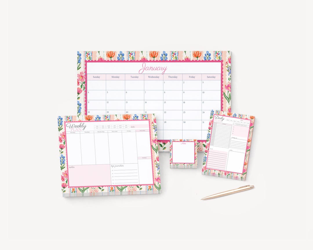 2026 Floral Calendar Desk Pad | Pink Stripes and Flowers | Weekly ...