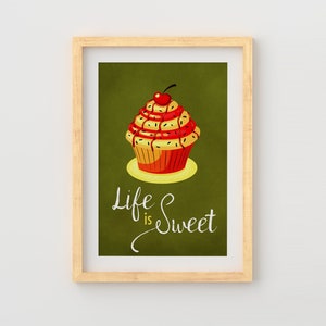 Life is Sweet Sign, Green Printable Kitchen Decor, Cupcake Print ...