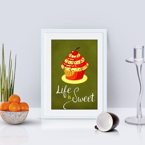 Life is Sweet Sign, Green Printable Kitchen Decor, Cupcake Print ...