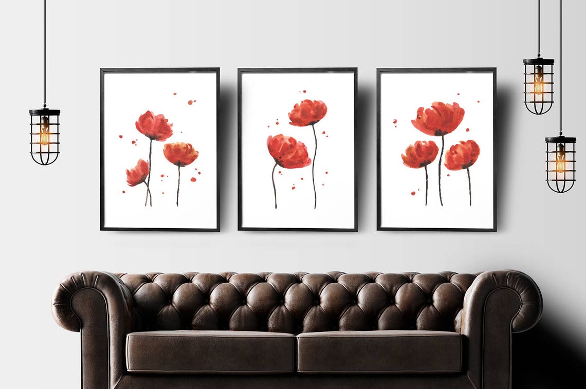 Set of 3 Prints Watercolor Flower Print Red Flowers Art | Etsy