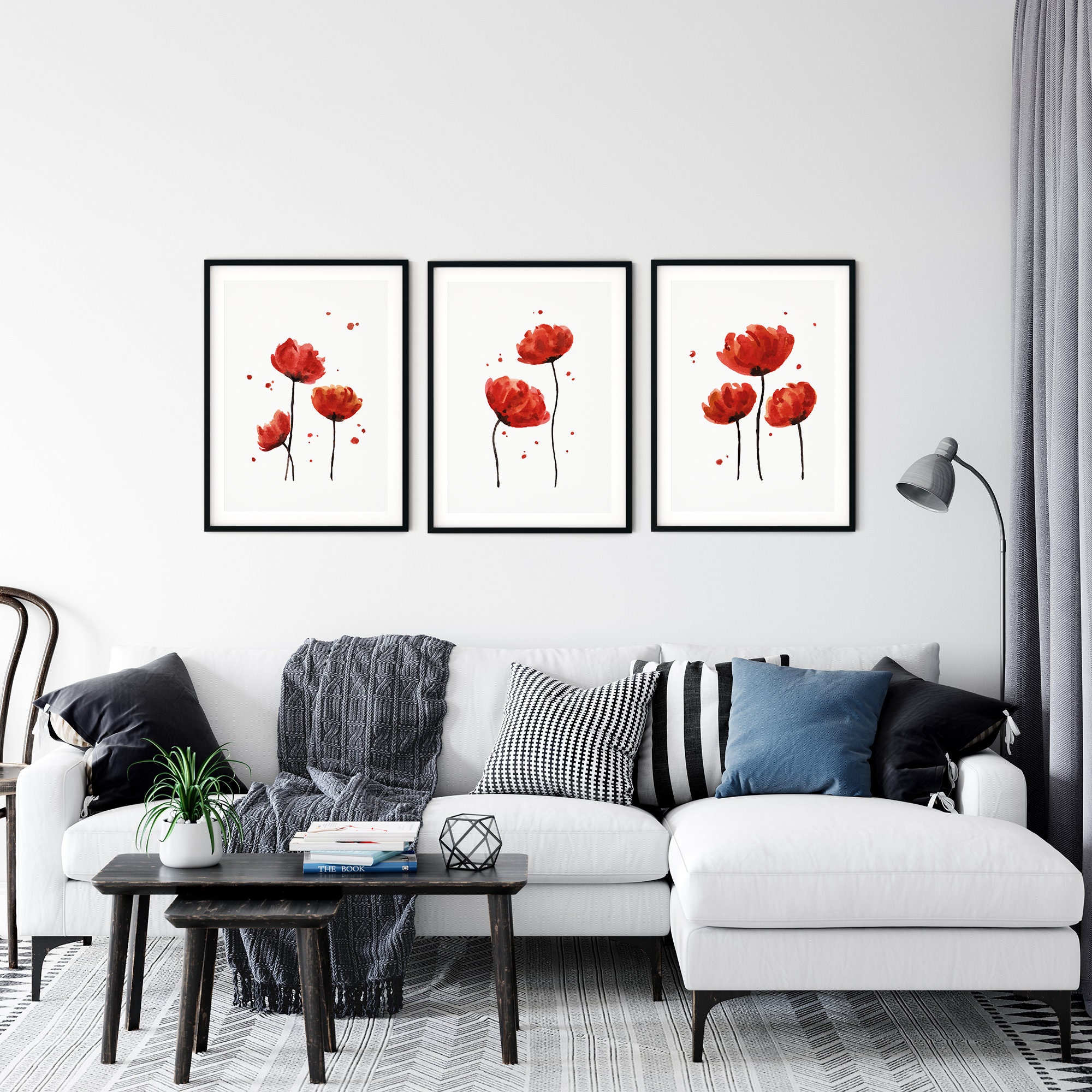 Set of 3 Prints Watercolor Flower Print Red Flowers Art - Etsy