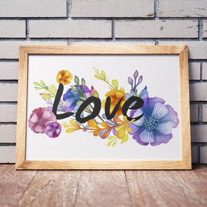 Love Valentine's Day Printable, Love Sign, Watercolor Flowers ...