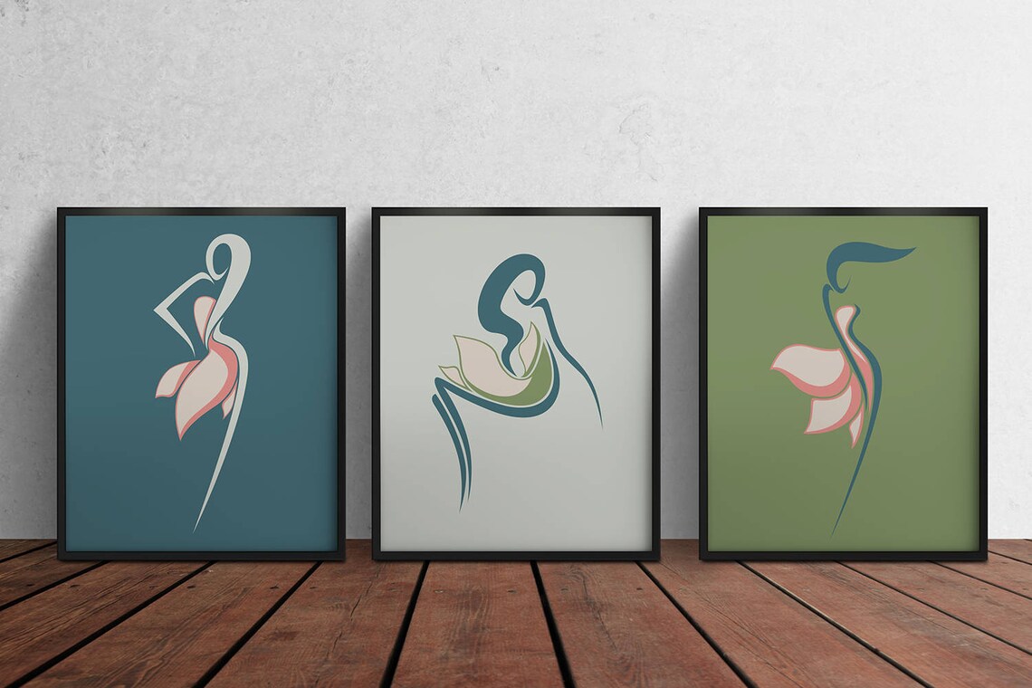 Woman Silhouette Wall Art Set of 3 Prints Green Wall Decor | Etsy