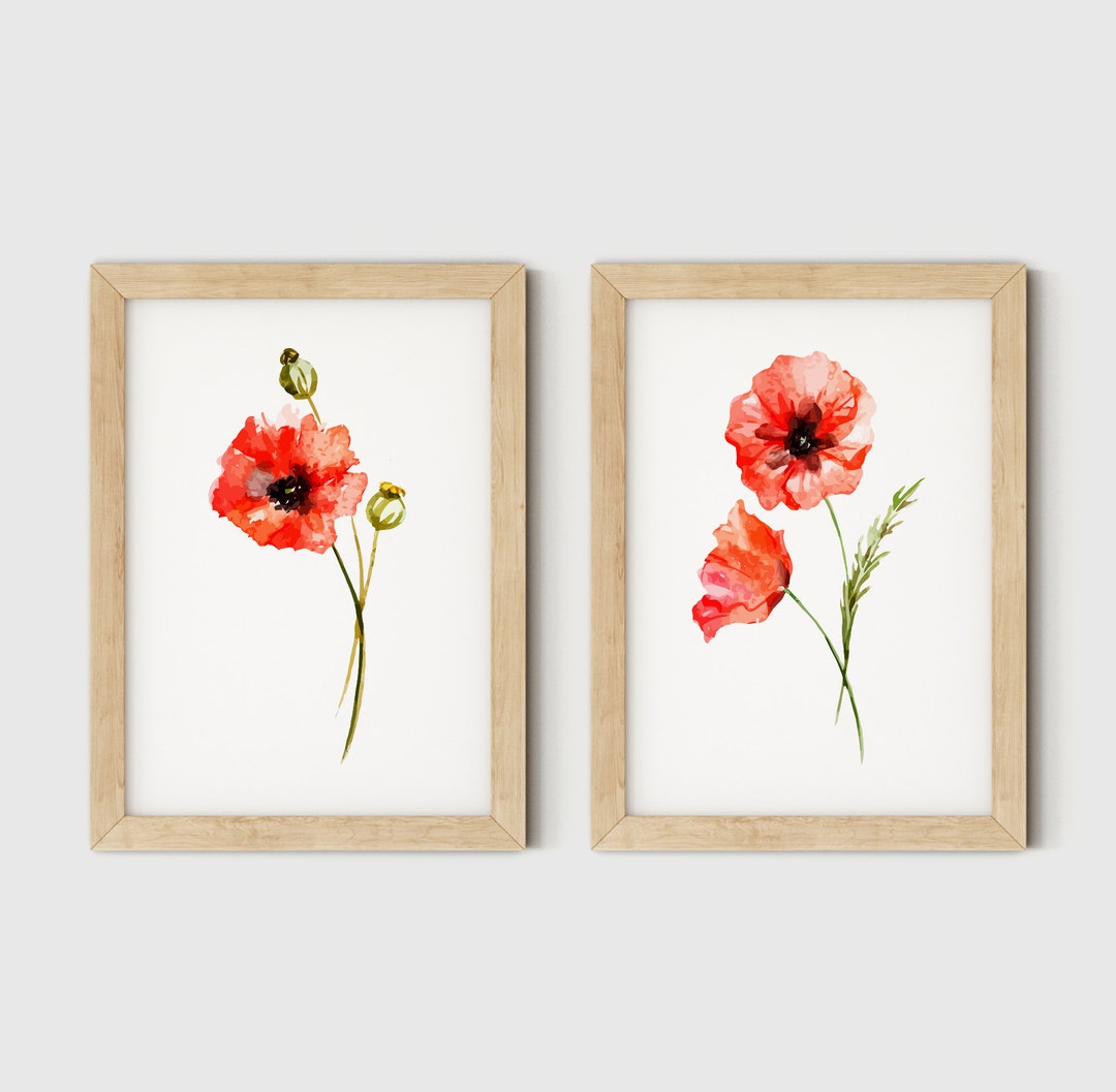 Red Poppy Wall Art Print, Botanical Print Set of 2, Red Bedroom Decor ...