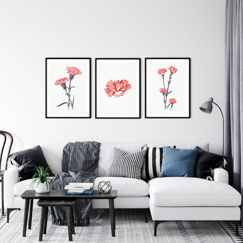 Carnation Print Bedroom Wall Decor Set of 3 Prints Floral - Etsy
