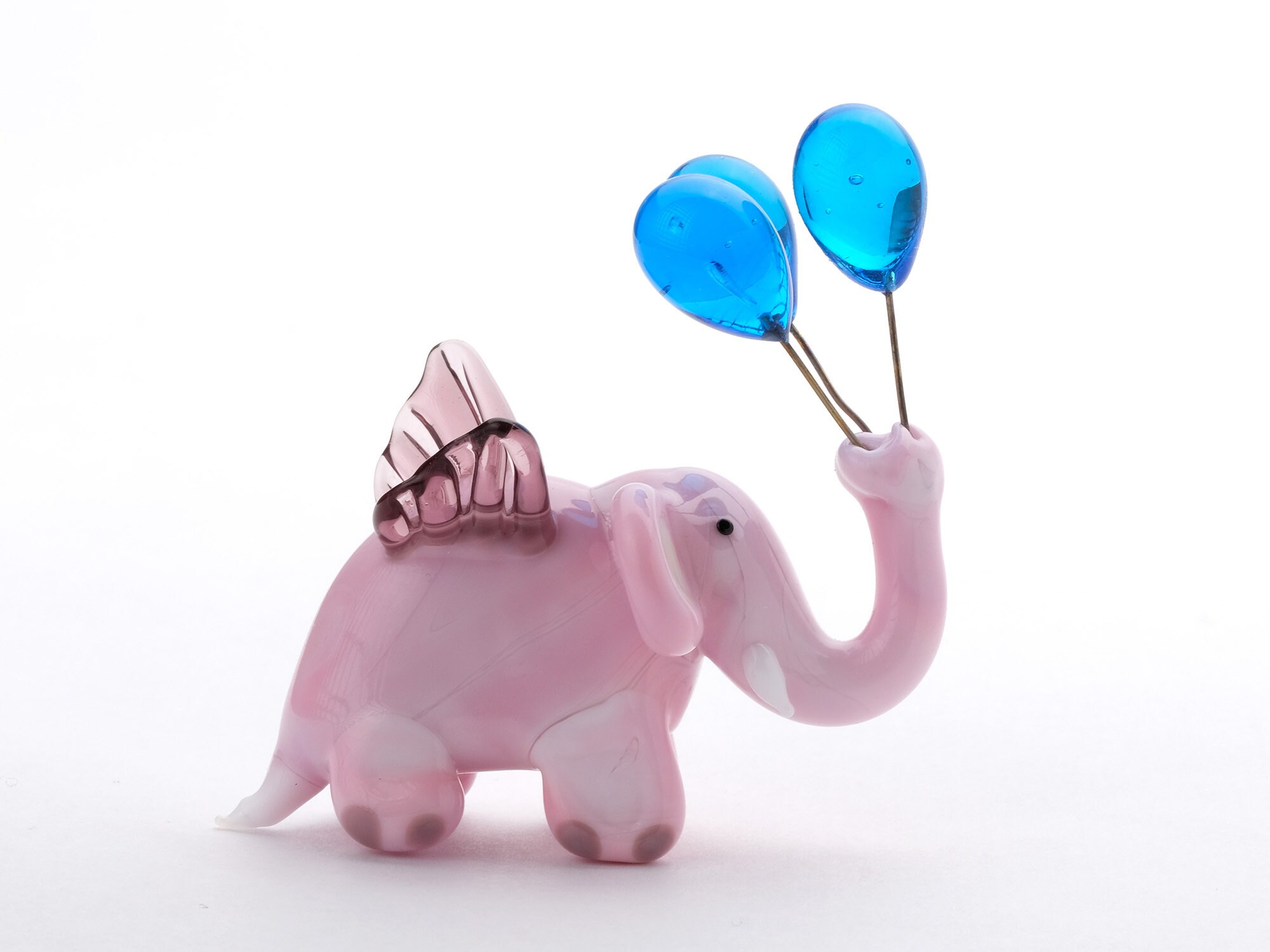Handcrafted Glass Pink Elephant With Blue Balloons - Unique Home Decor ...