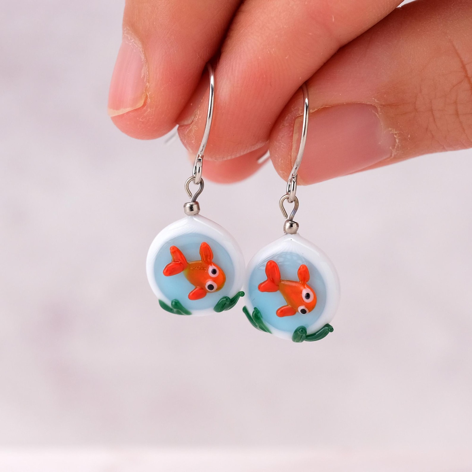 Handmade Lampwork Glass Fish Earrings: Sterling Silver Hooks, Ocean ...
