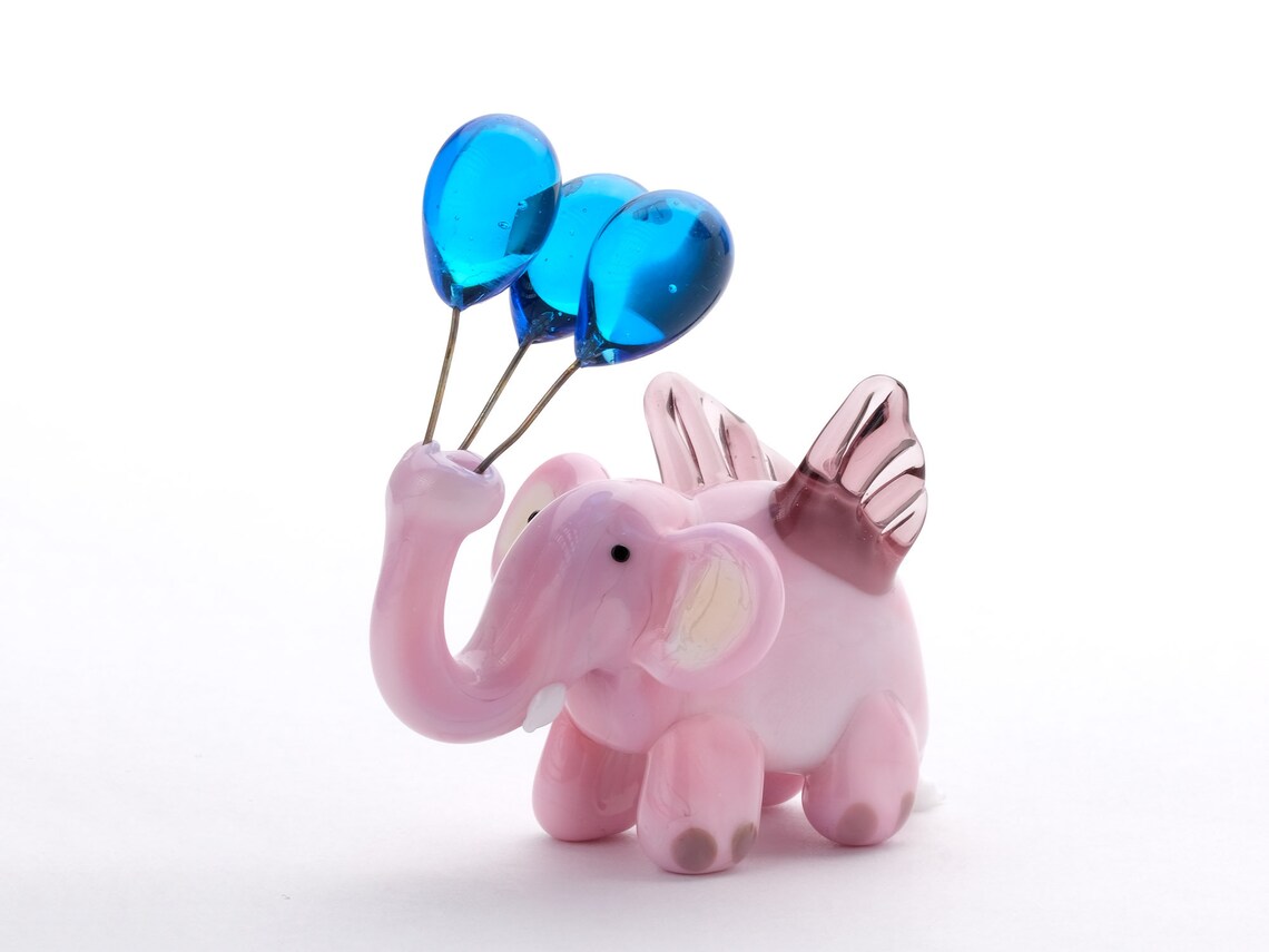 Handcrafted Glass Pink Elephant With Blue Balloons - Unique Home Decor ...