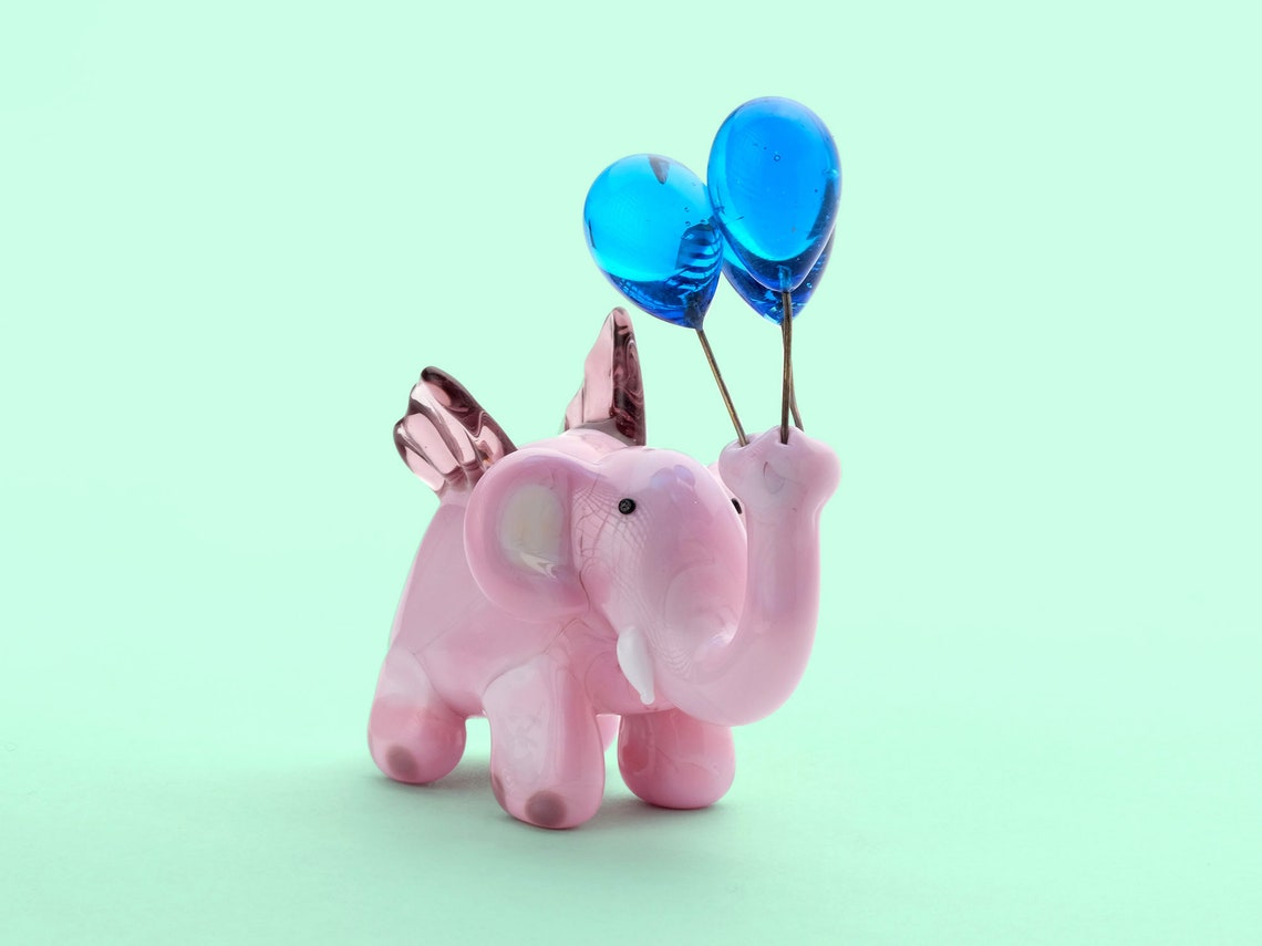 Handcrafted Glass Pink Elephant With Blue Balloons - Unique Home Decor ...