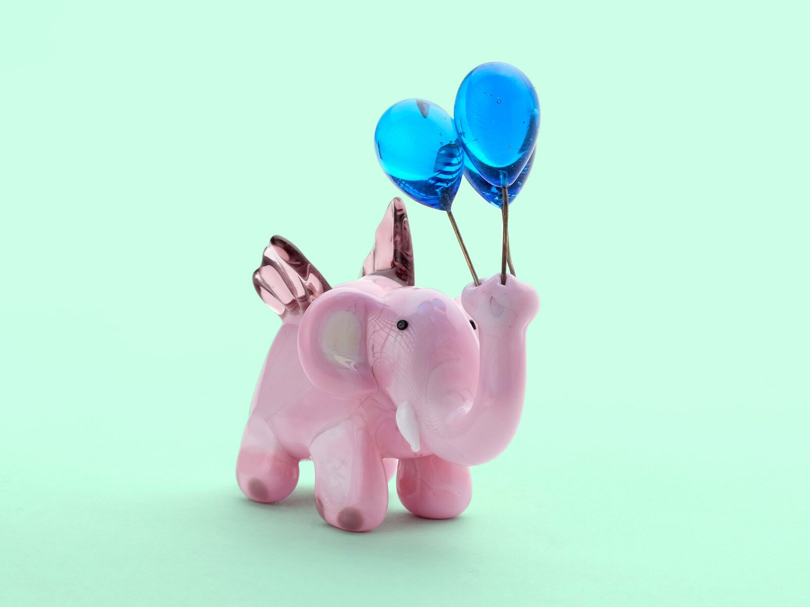 Handcrafted Glass Pink Elephant With Blue Balloons - Unique Home Decor ...