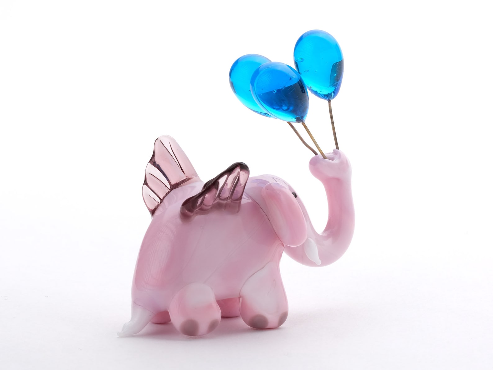 Handcrafted Glass Pink Elephant With Blue Balloons - Unique Home Decor ...