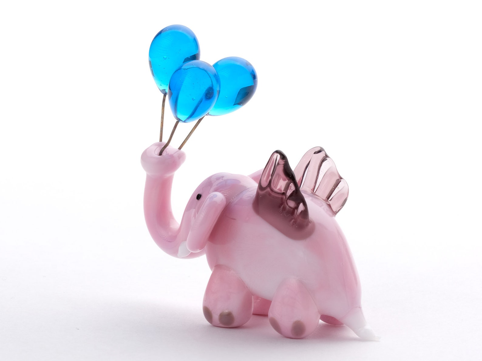 Handcrafted Glass Pink Elephant With Blue Balloons - Unique Home Decor ...