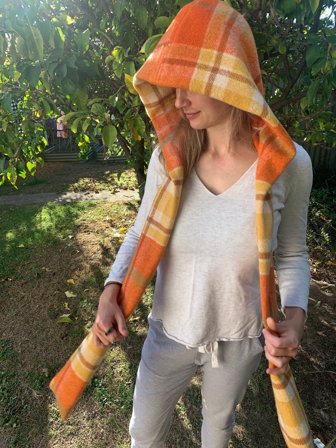 Upcycled Handmade Repurposed Orange Wool Blanket Hooded Scarf Winter ...