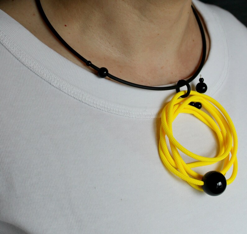 Yellow necklace Rubber necklace Bib necklace Glass bead | Etsy