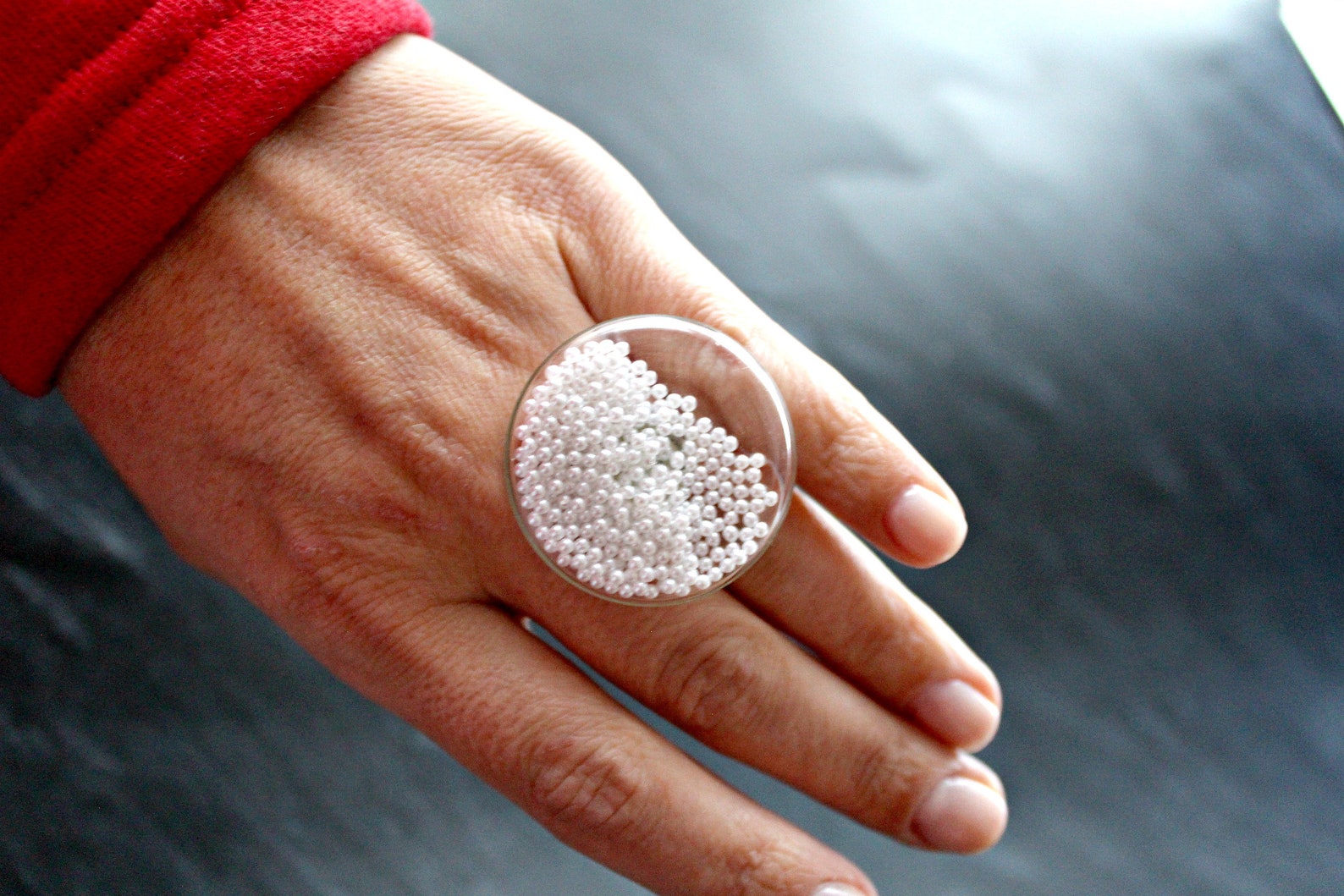 Blown Glass Filled Ring Black/ Red/ White Pearl Minimalist - Etsy