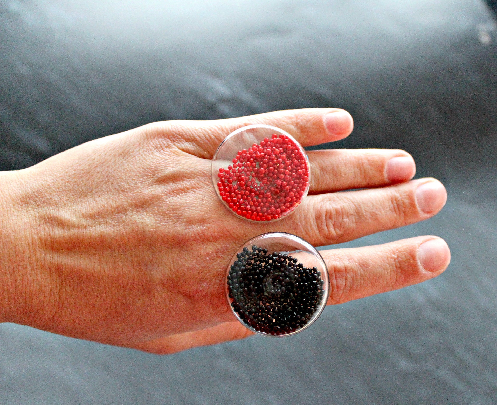 Blown glass filled ring black/ red/ white pearl minimalist | Etsy