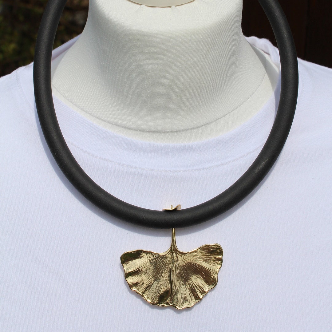 Black Rubber Choker Necklace With Brass Ginkgo Leaf Impression , Black ...