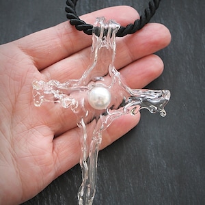 Transparent Acrylic Lucite Large Cross With Pearls on a Black Silk Cord ...