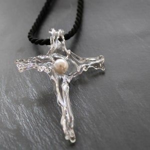 Transparent Acrylic Lucite Large Cross With Pearls on a Black Silk Cord ...