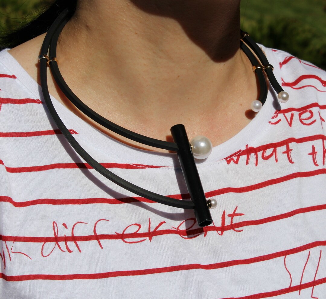 Black Necklace, Pearl Necklace, Rubber Choker, Bib Necklace, Rubber ...