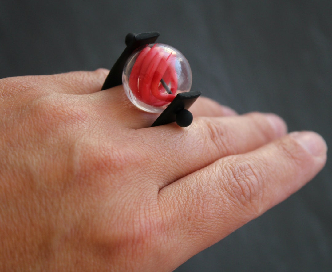Blown Glass Ring, Unique Ring, Black Red Ring, Glass Bubble Ring ...