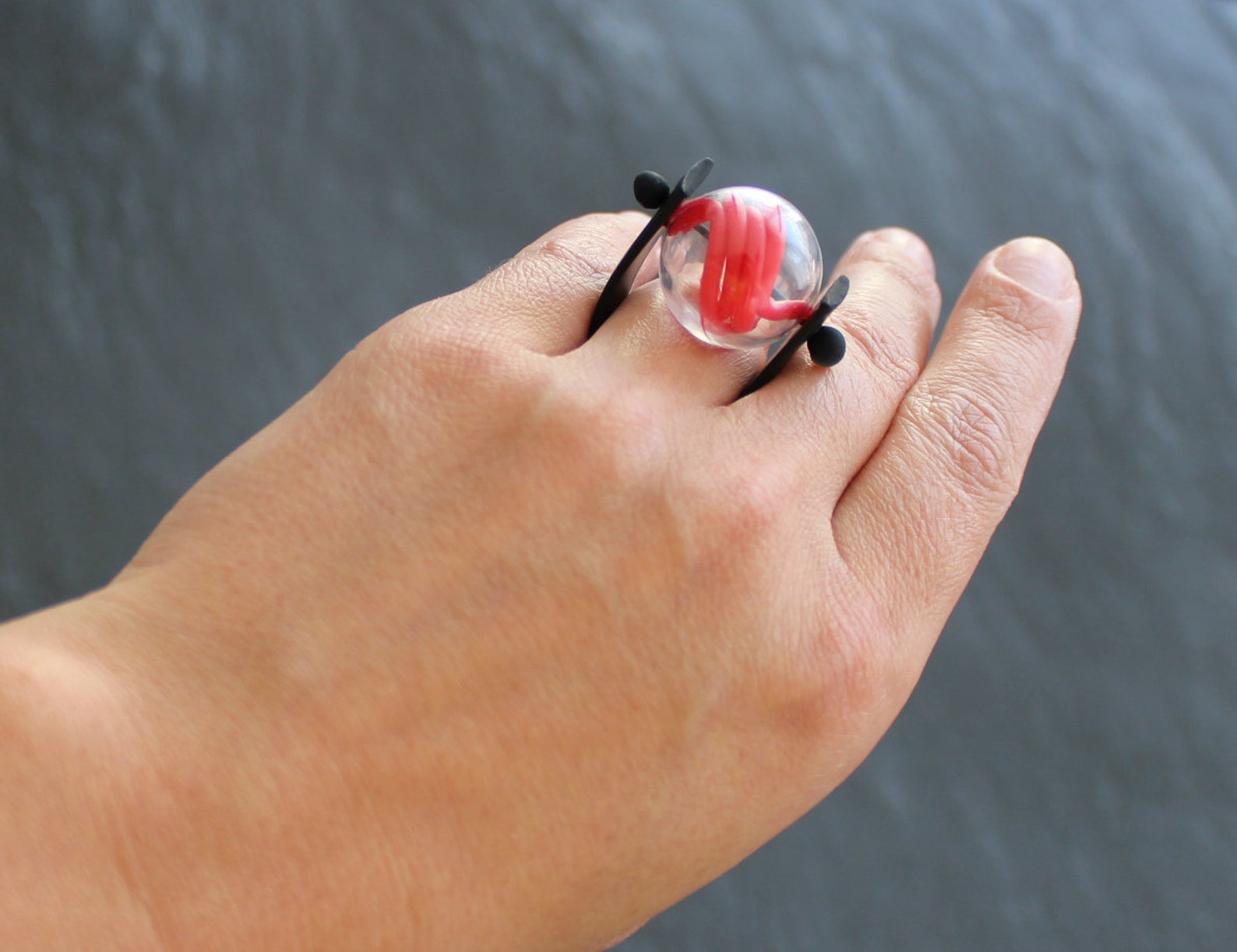 Blown Glass Ring, Unique Ring, Black Red Ring, Glass Bubble Ring ...