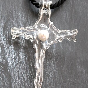 Transparent Acrylic Lucite Large Cross With Pearls on a Black Silk Cord ...
