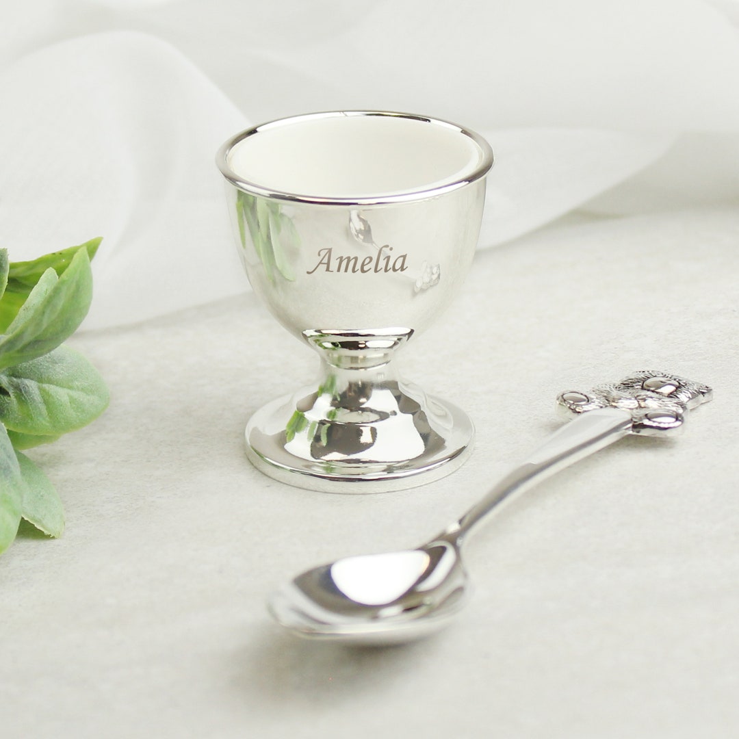 Personalised Silver Egg Cup & Spoon / Christening Gift / Holy Communion ...
