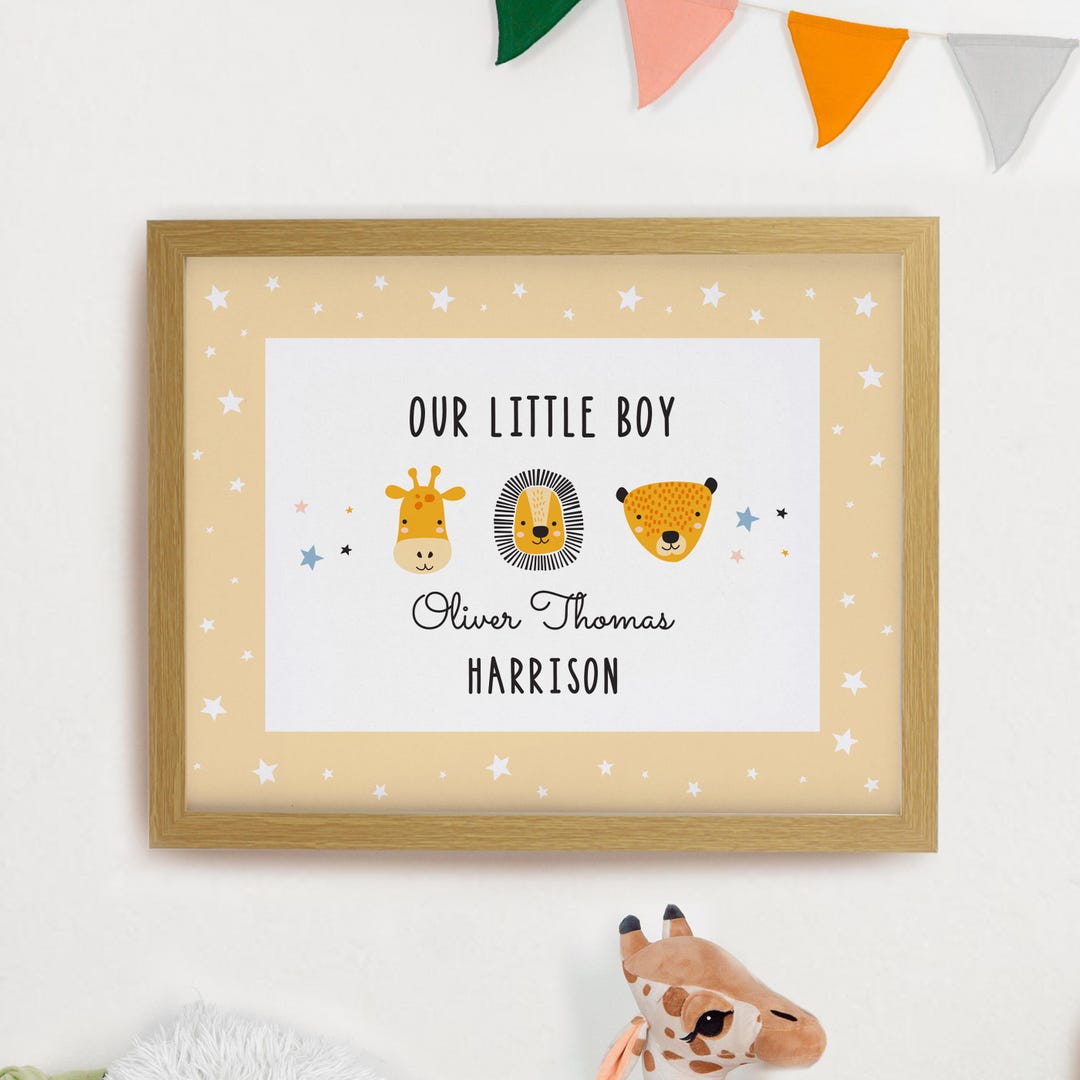 Personalised Safari Animals Oak Poster Frame / Newborn Baby Gift / Baby ...
