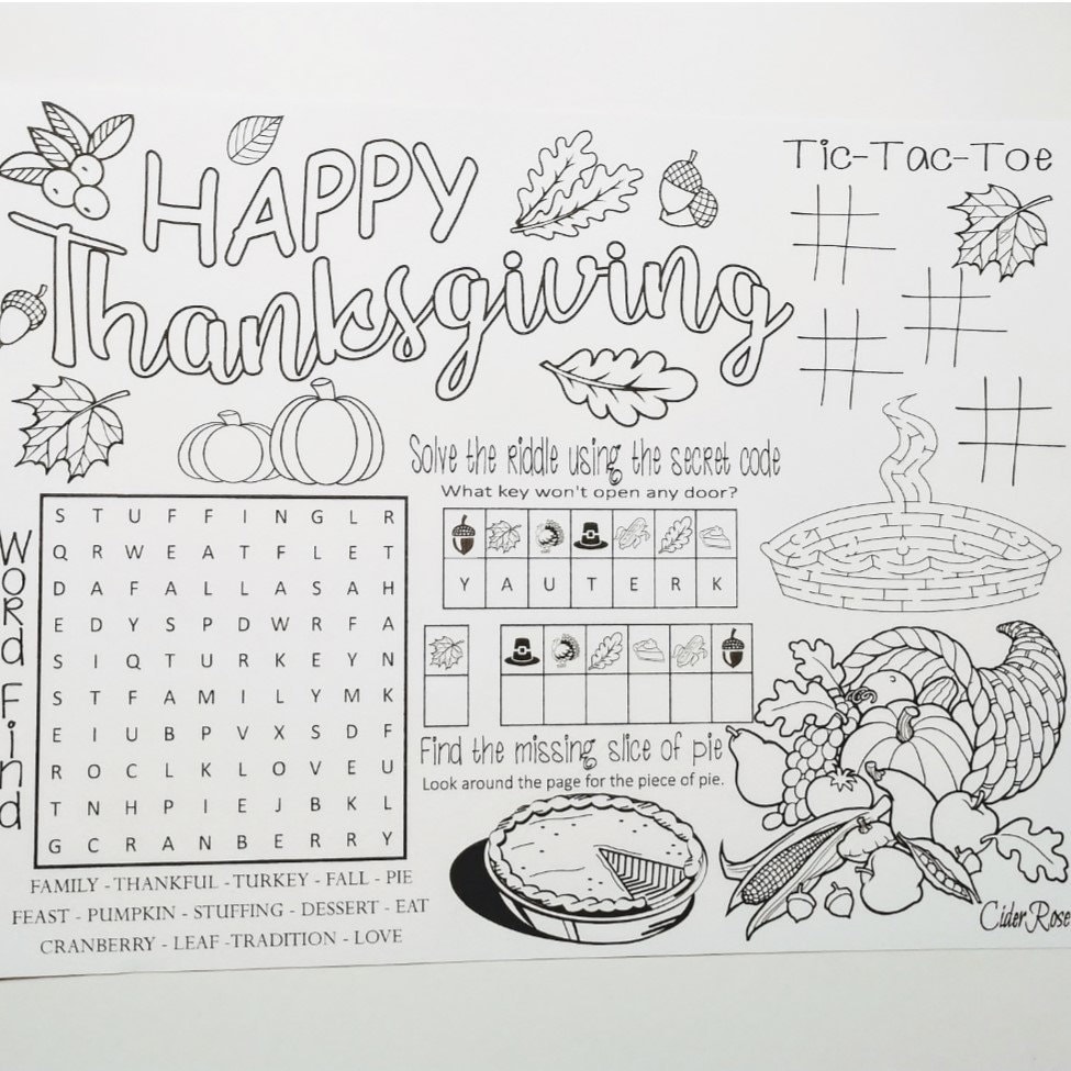 11 X 17 Kids Thanksgiving Placemat Thanksgiving Favors - Etsy