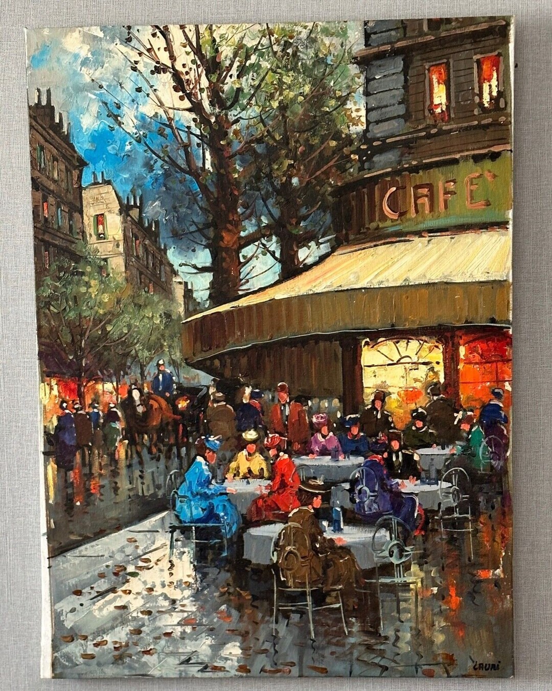 Paris Cafe Landscape Original Painting Oil on Canvas Signed / Vintage ...