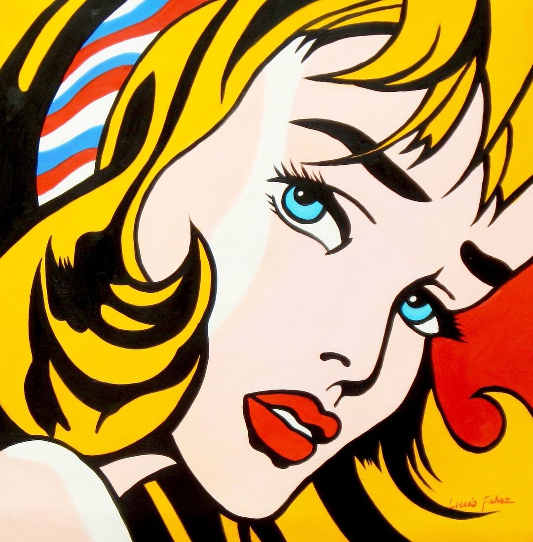 Portrait Woman Cartoon After Lichtenstein Oil on Canvas Painting Signed ...
