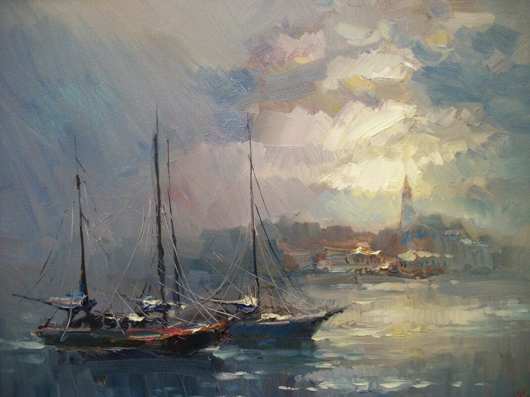 Seascape Boat Painting Oil Painting on Canvas / Harbor Seascape Boats ...