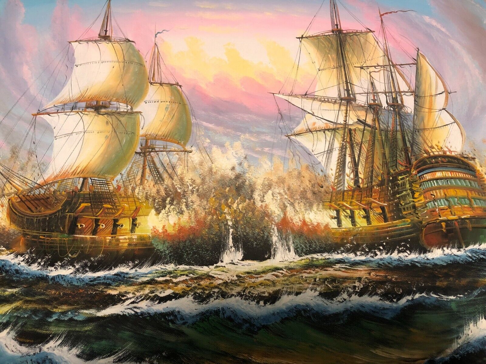 Large 36"x24" Galleon Ship Warfare at Sea Nautical J. Harvey Oil ...